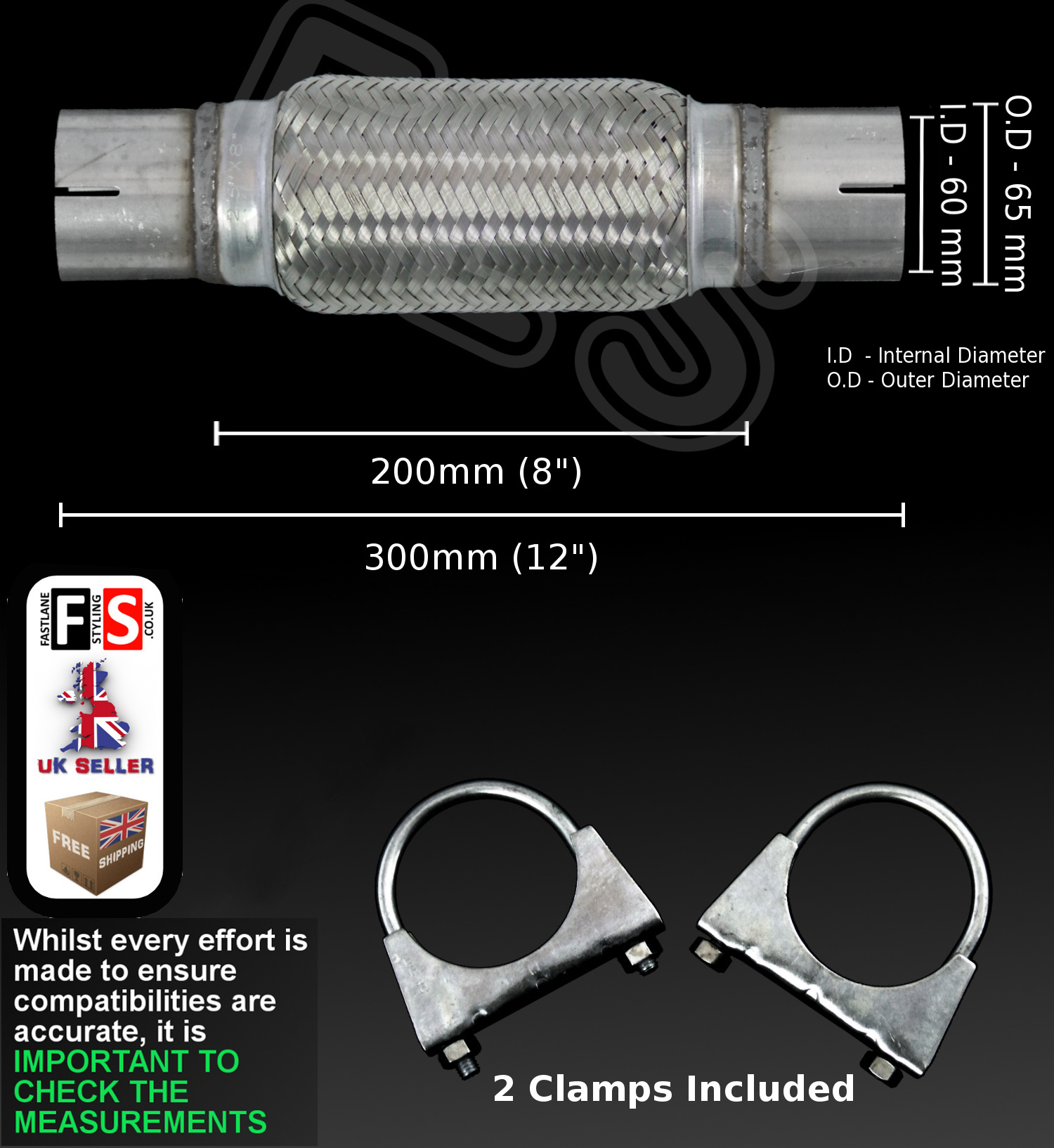 UNIVERSAL CLAMP ON CAT REPAIR EXHAUST FLEXI 65 x 300mm (2.5 x 12")-VW 1 ...