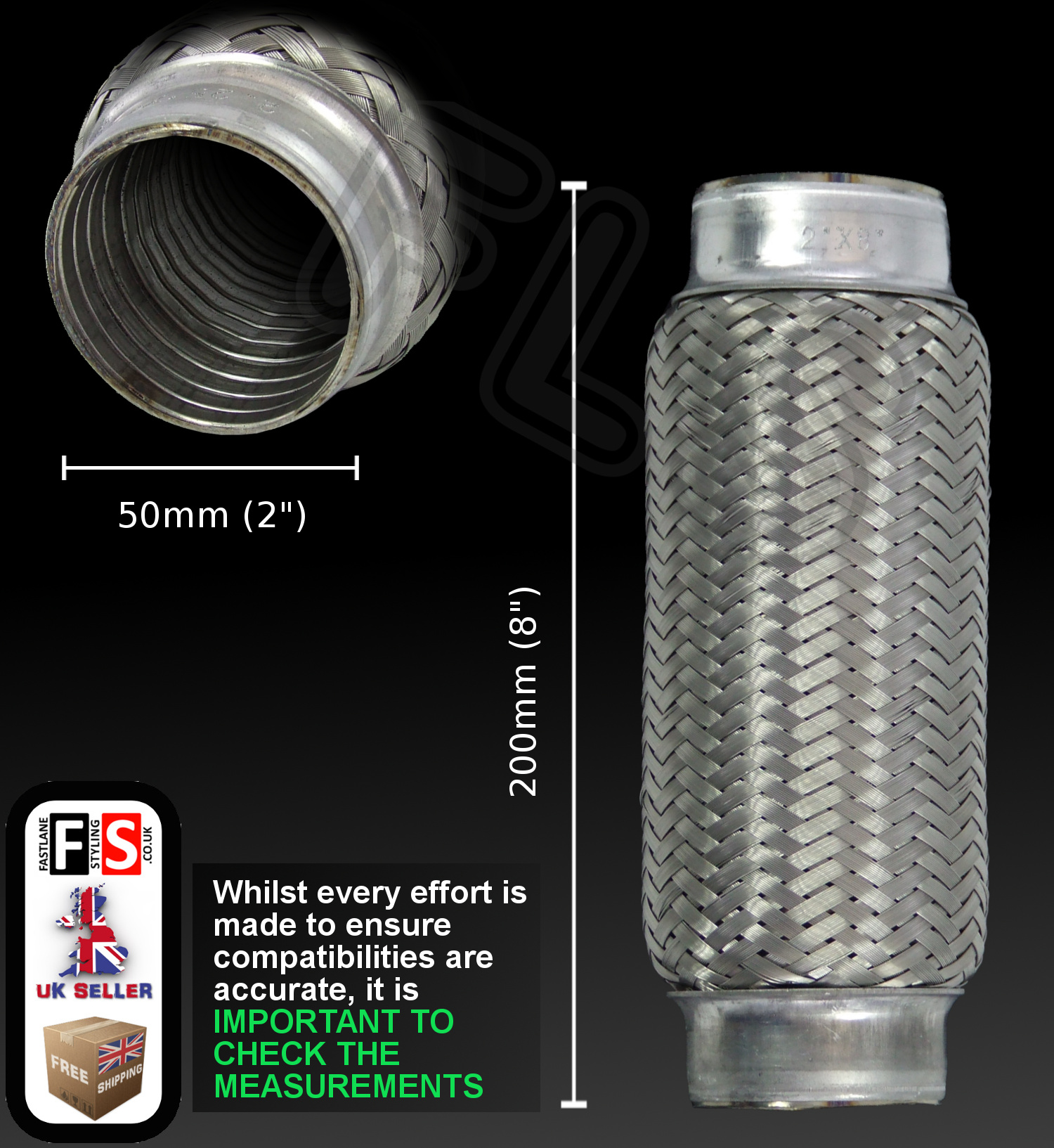 UNIVERSAL WELD ON CAT REPAIR EXHAUST FLEXI 50mm x 200mm (2" x 8")-Fiat ...