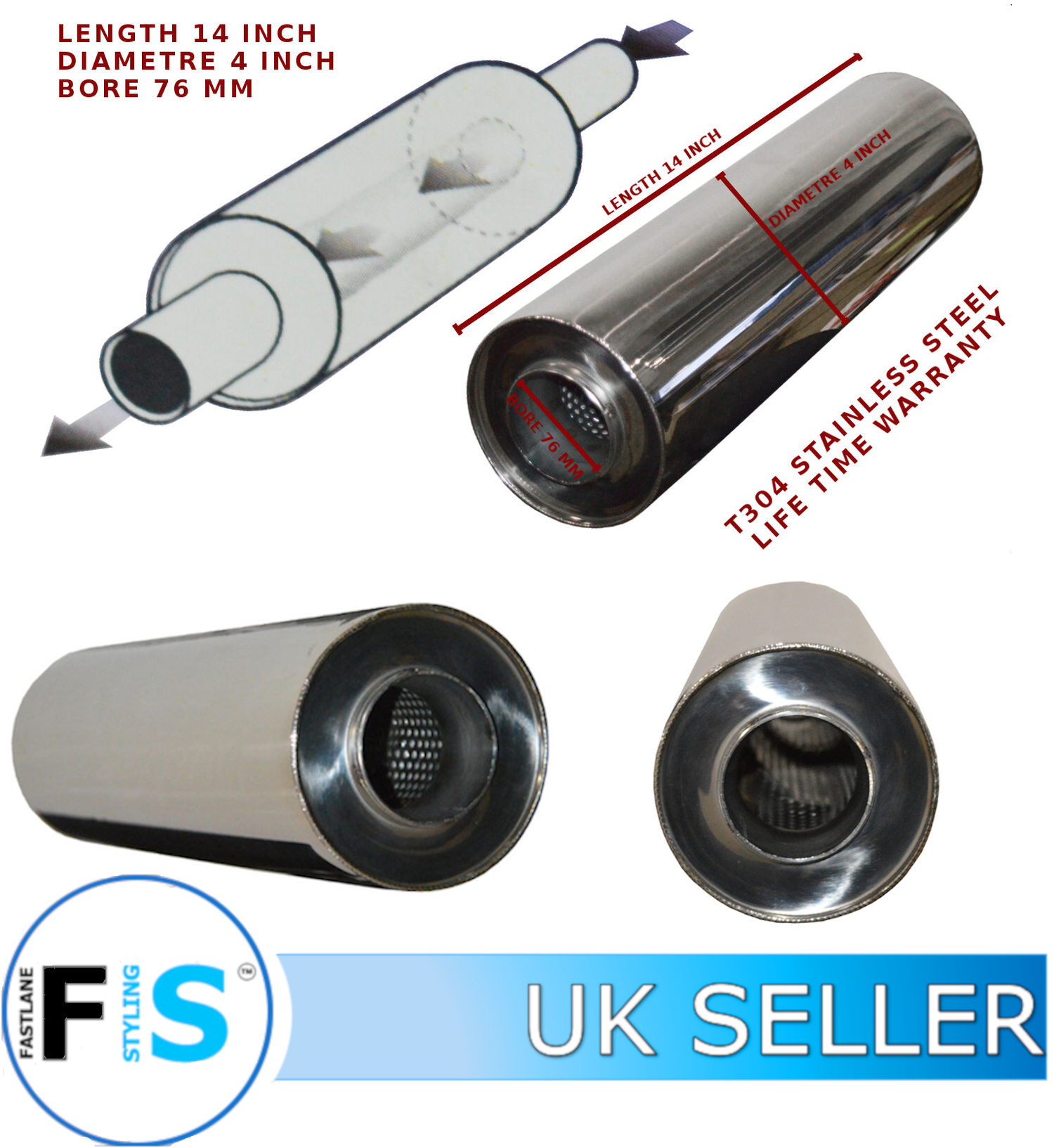 UNIVERSAL T304 STAINLESS STEEL EXHAUST PERFORMANCE SILENCER 14"x4"x ...