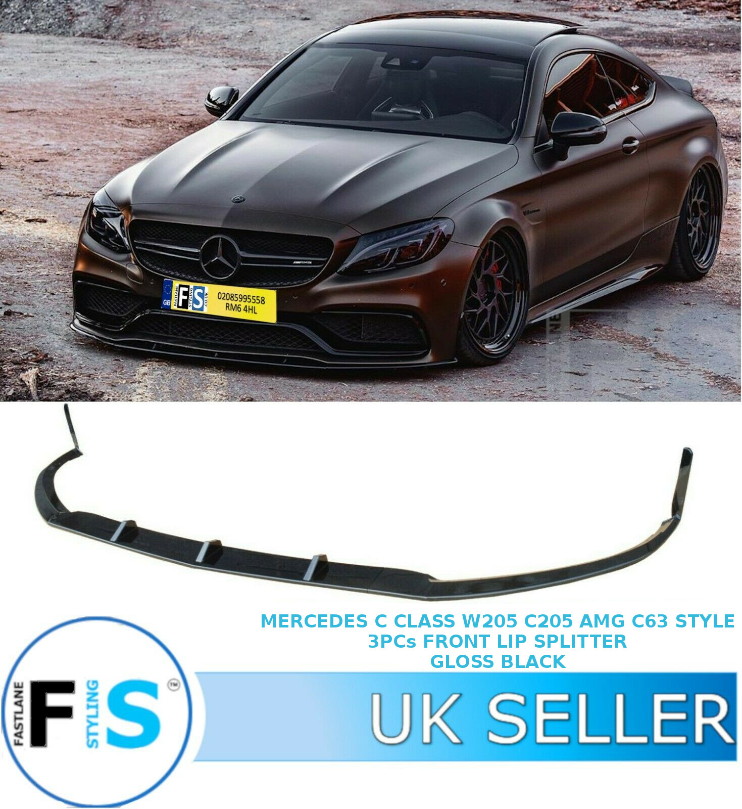 MERCEDES C CLASS C205 W205 AMG FRONT LIP SPLITTER VALANCE GLOSS BLACK ...