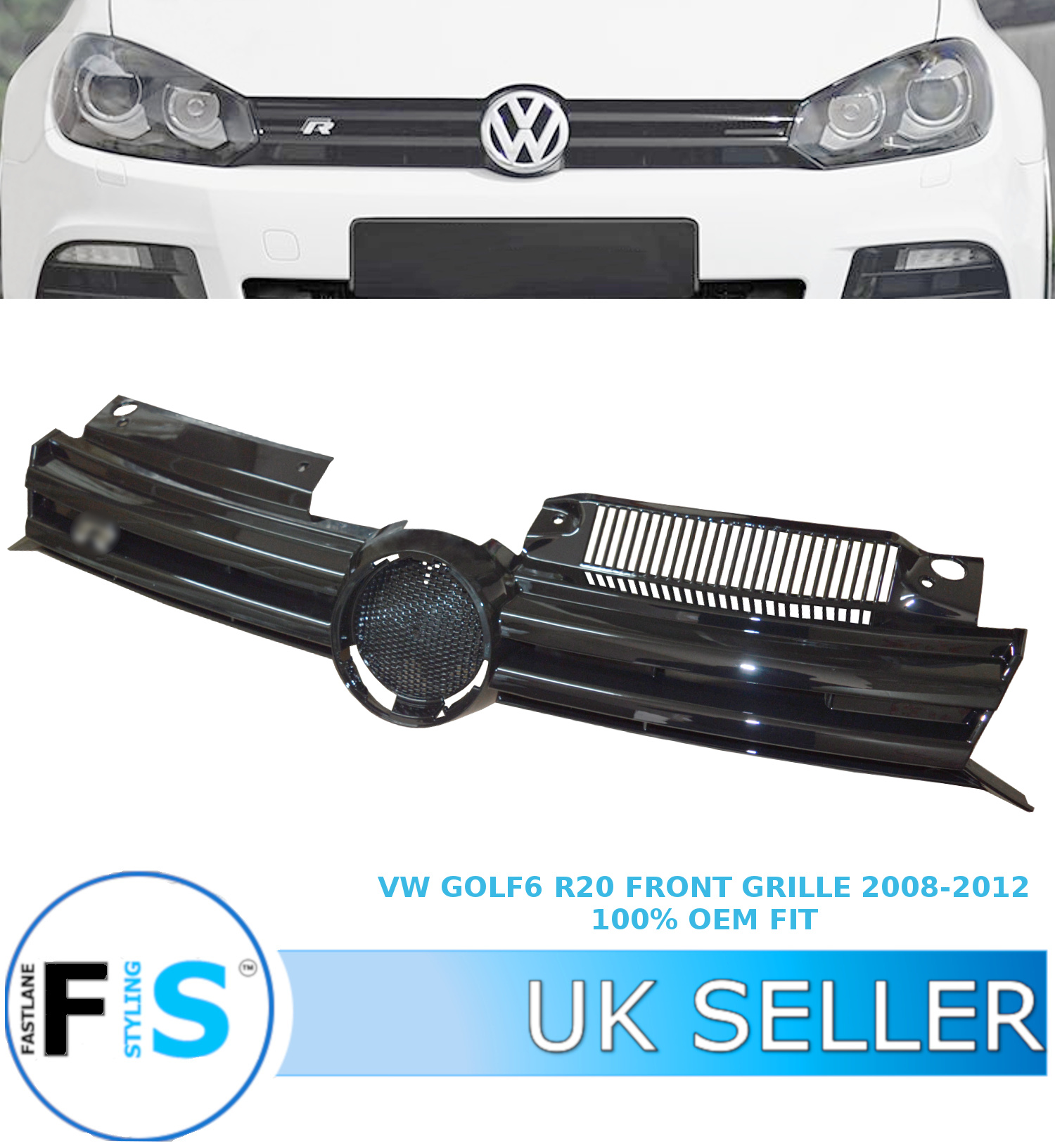 FRONT GRILLE R20 LOOK GLOSS BLACK FOR VW GOLF MK6 2009-2013 – Fastlane ...