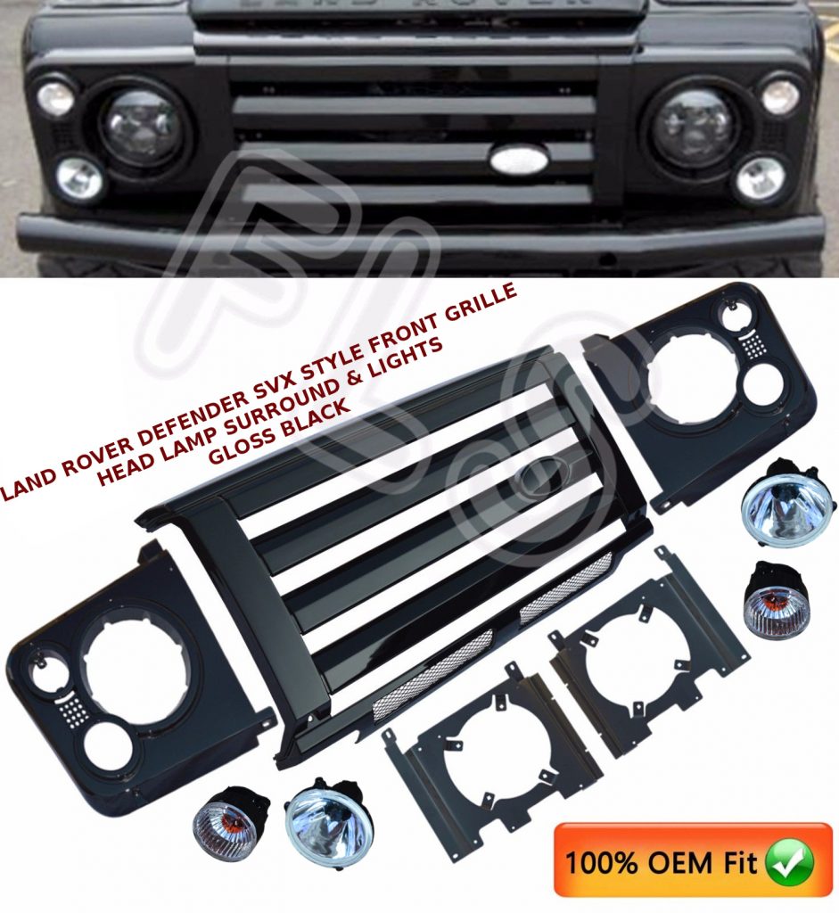LAND ROVER DEFENDER SVX STYLE FRONT GRILLE HEAD LAMP SURROUND & LIGHTS ...