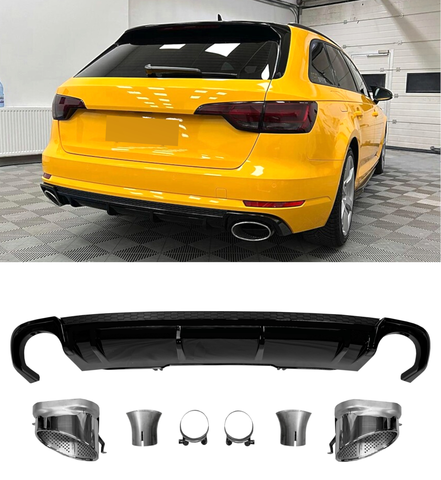 REAR DIFFUSER WITH SILVER TIPS RS4 STYLE GLOSS BLACK FOR AUDI A4 B9 S ...